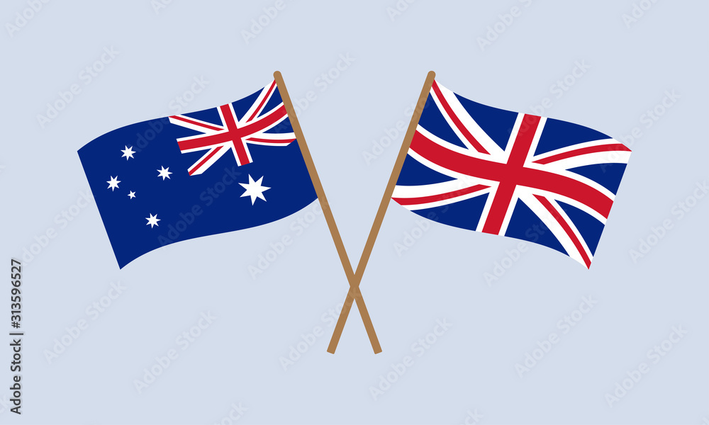 Australia and UK crossed flags on stick. Australian and British ...