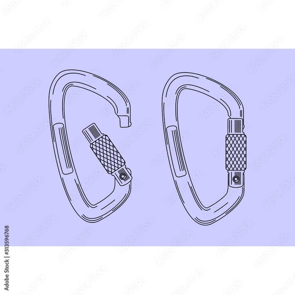 carbine with line art or line drawing style. tool for climbing, hike ...