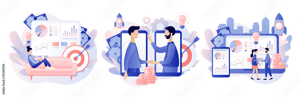 Online business concept. Tiny people conclusion of the transaction ...