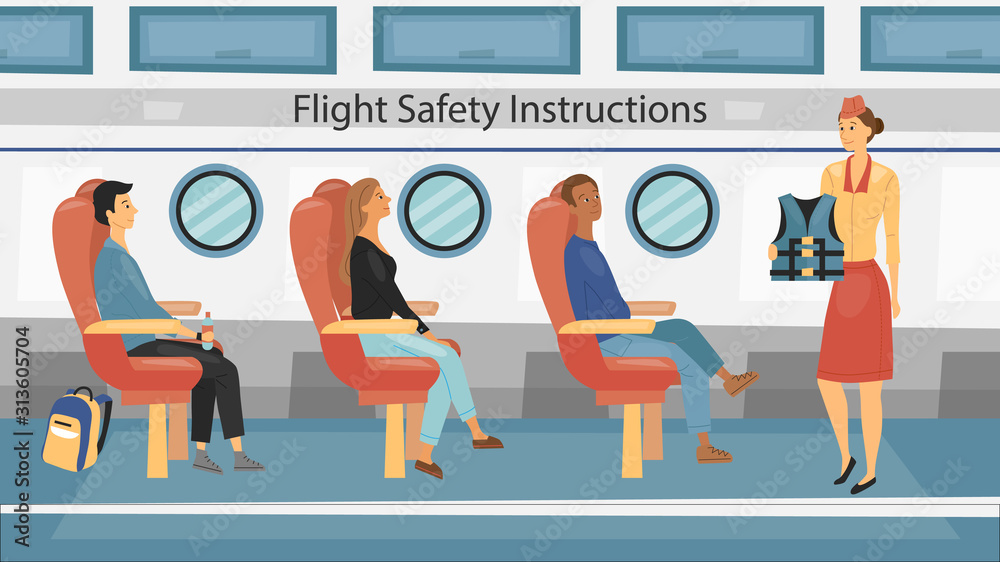 Stewardess is explaining safety instructions with life vest for ...