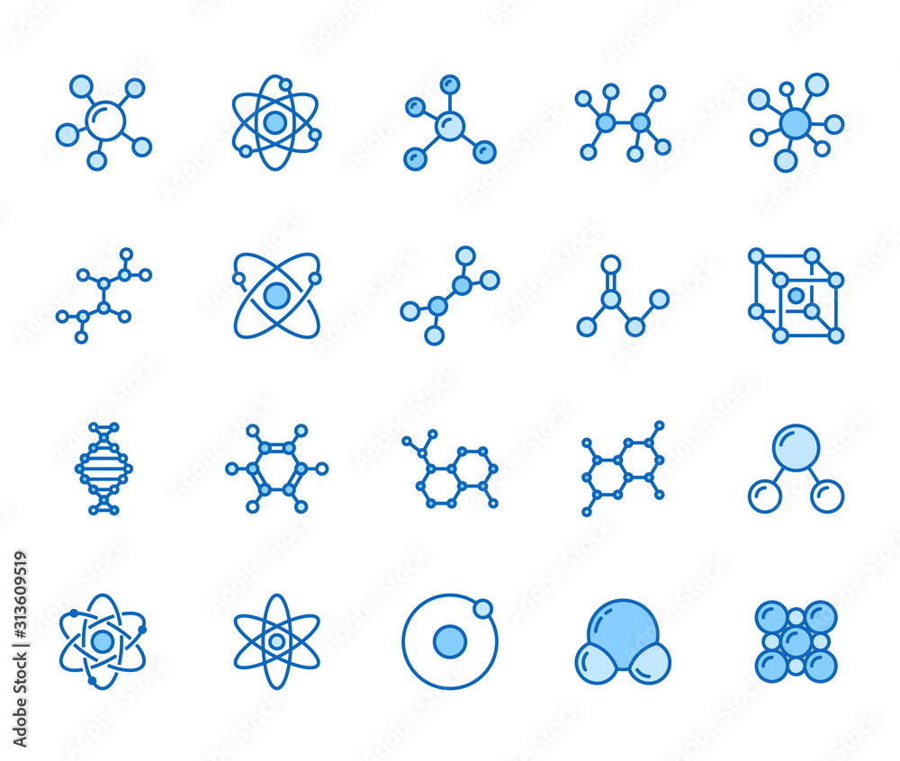 Molecule flat line icons set. Chemistry science, molecular structure ...