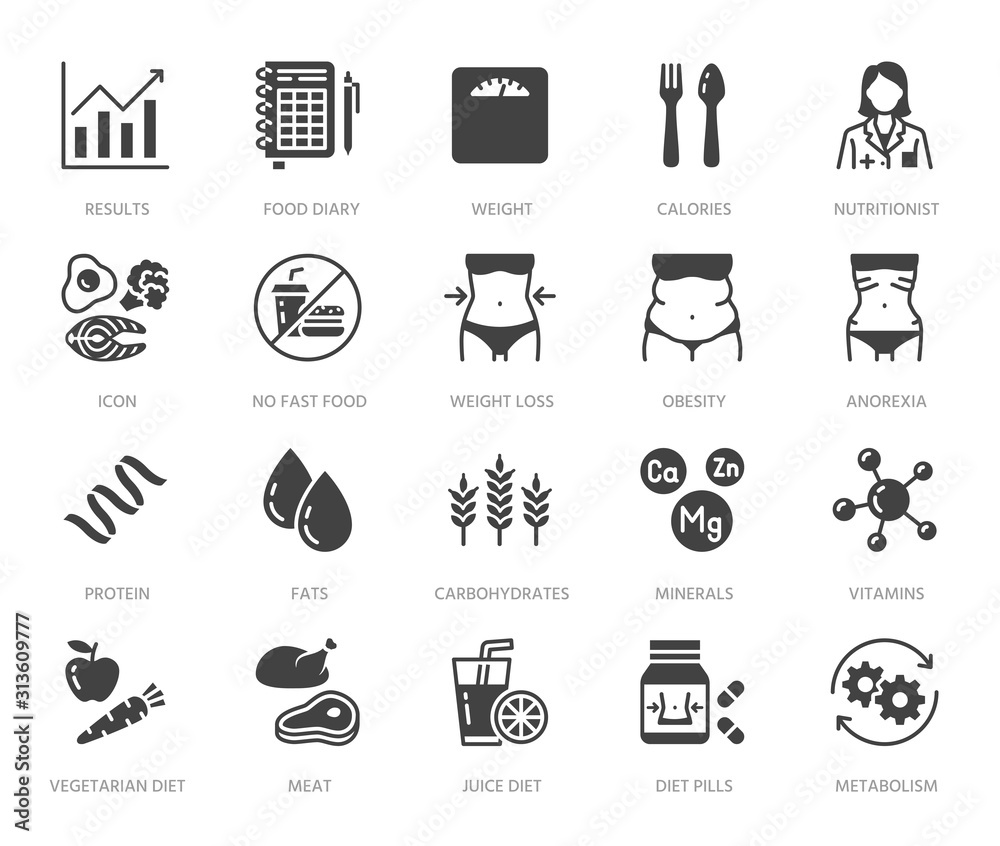 Nutritionist flat glyph icons set. Diet food, nutritions - protein, fat ...