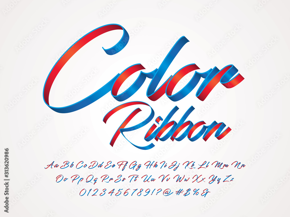Blue and red ribbon alphabet design with uppercase, lowercase, numbers ...