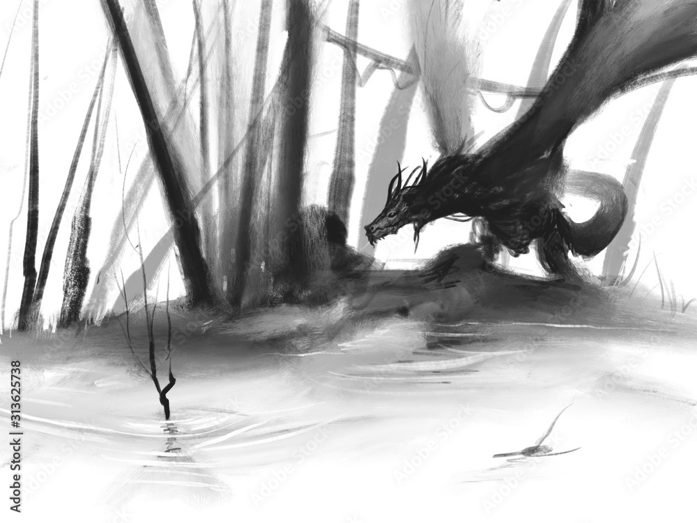 Digital black and white drawing of a dragon in a swampy environment ...
