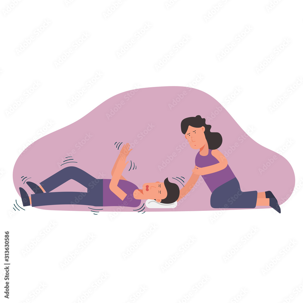 concept of woman help man shaking by epilepsy symptom, seizure, disease ...