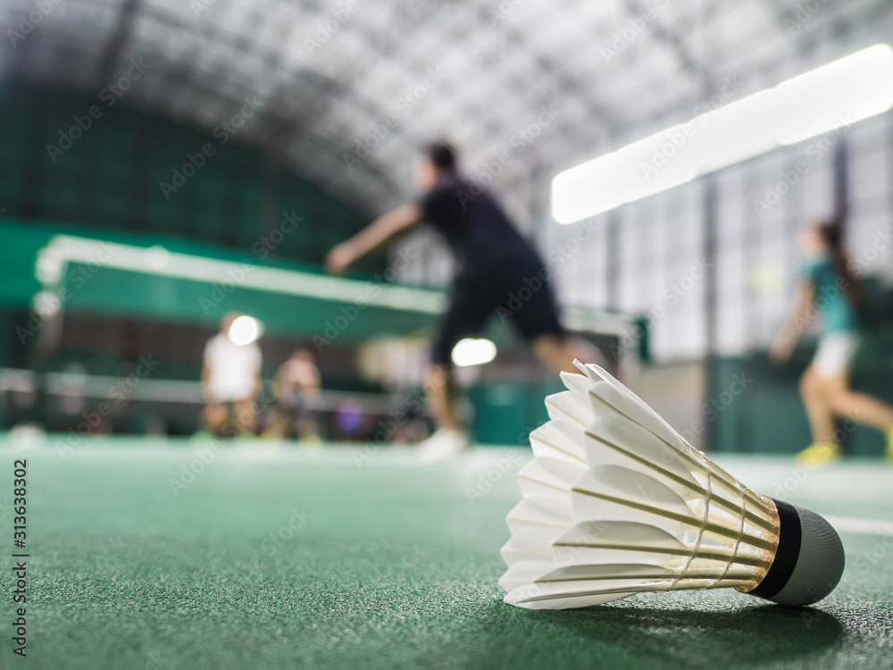 The shuttlecock is on the green badminton court floor. There is motion ...