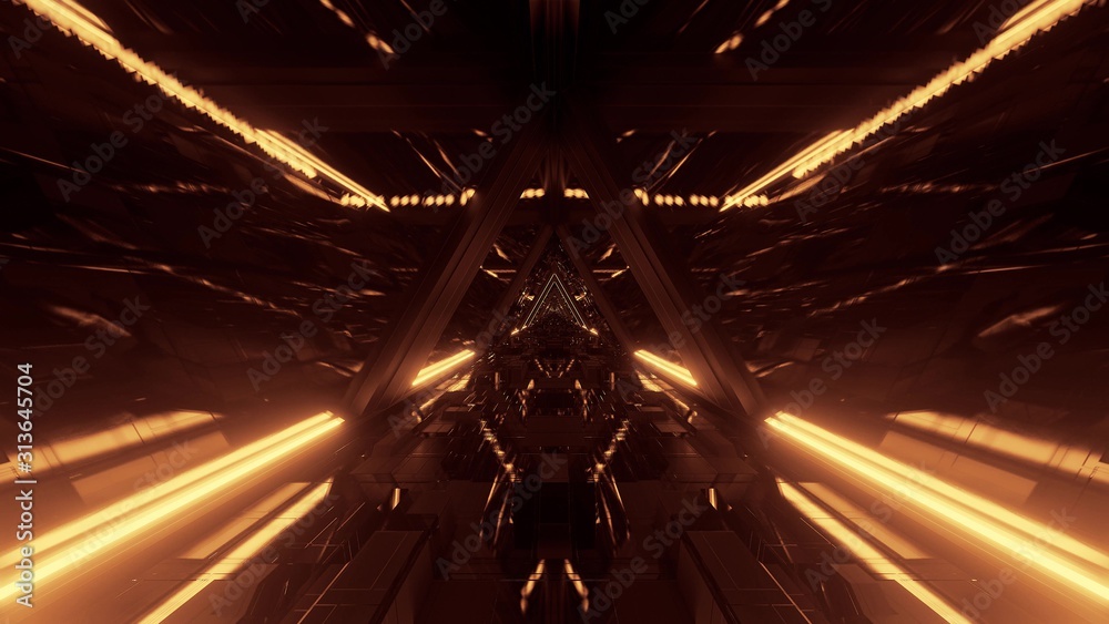 technical triangle space ship hangar tunnel corridor with glass windows ...