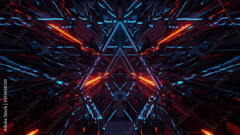 technical triangle space ship hangar tunnel corridor with glass windows ...