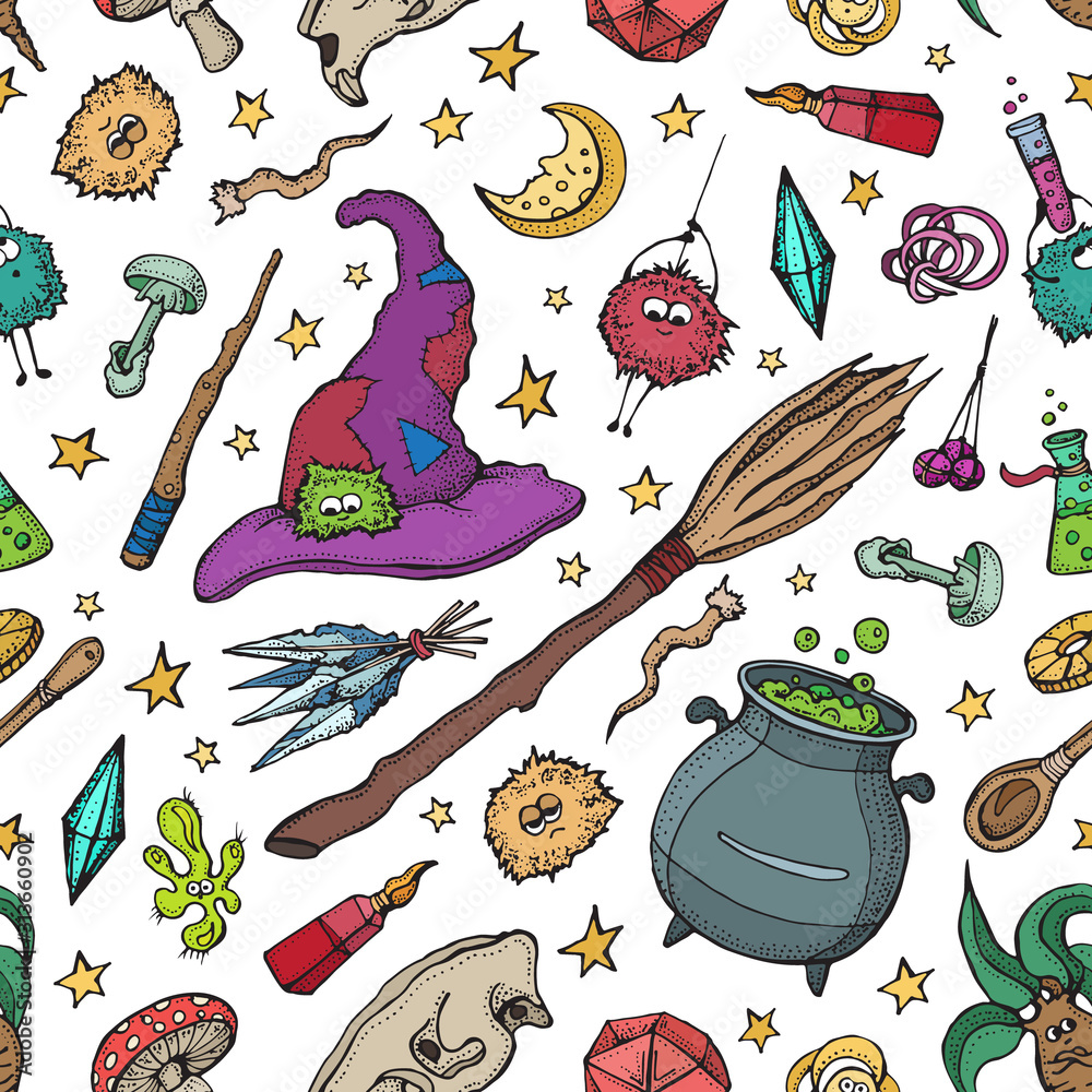 Seamless pattern of Magician and alchemy tools: skull, crystal, roots ...