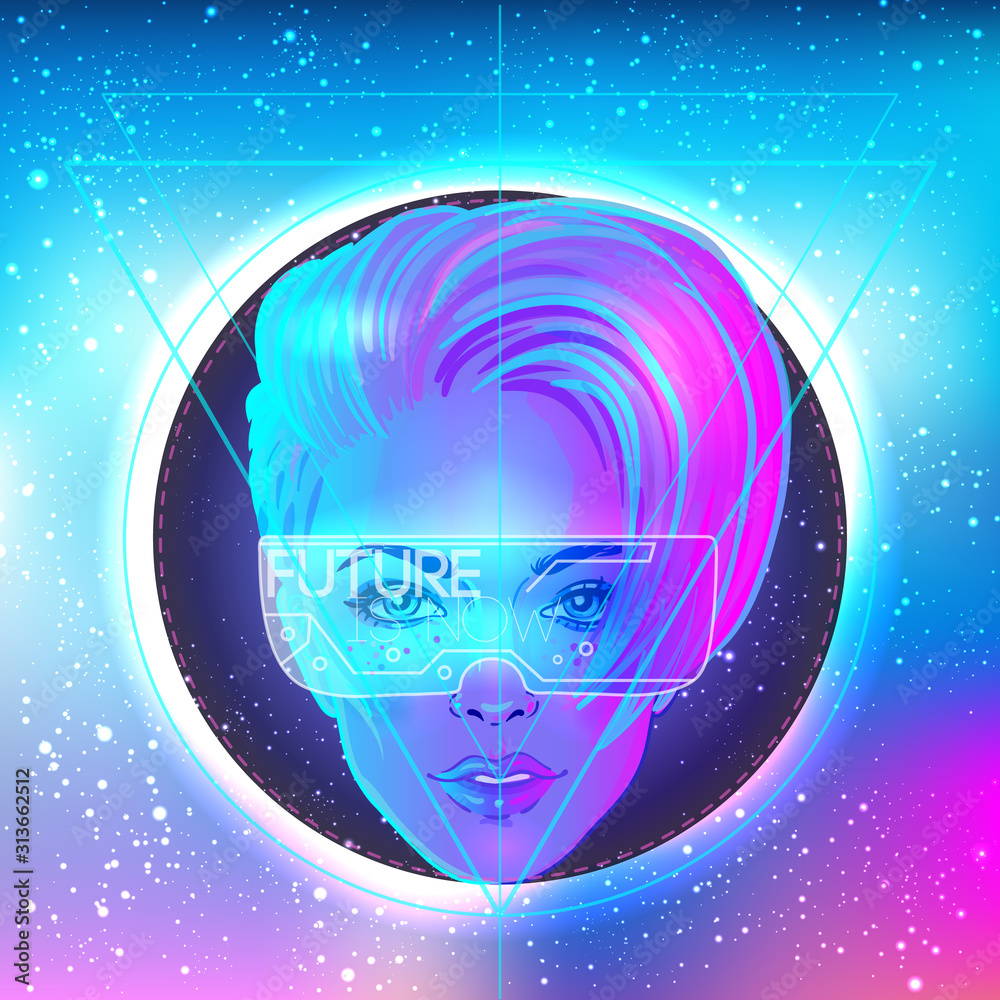 Futuristic synth wave style. Retroparty flyer template. Portrait of a ...