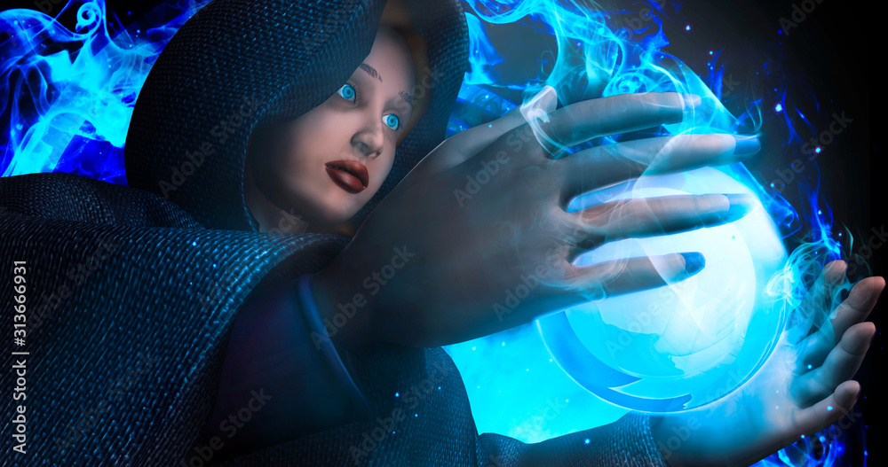 Witch raise hand for cast a black magic spell to control ball-glass for ...