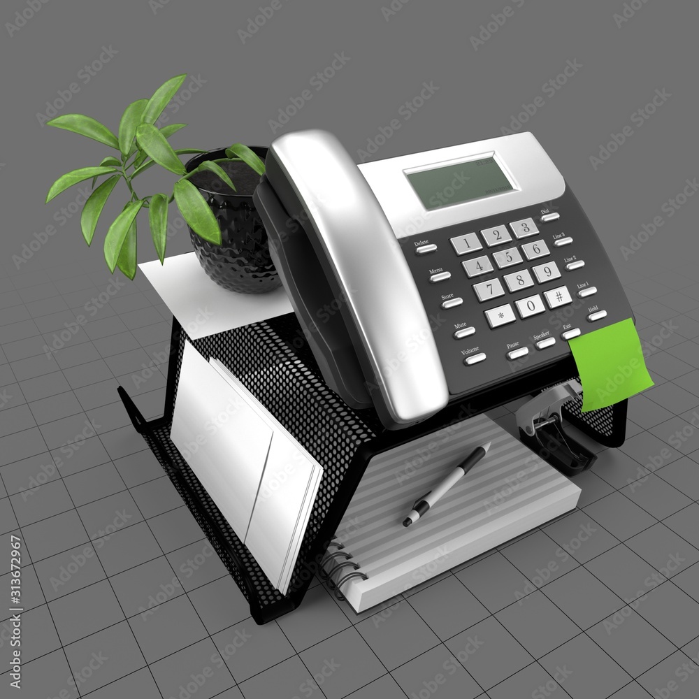 Mesh phone stand with office items Stock 3D asset | Adobe Stock
