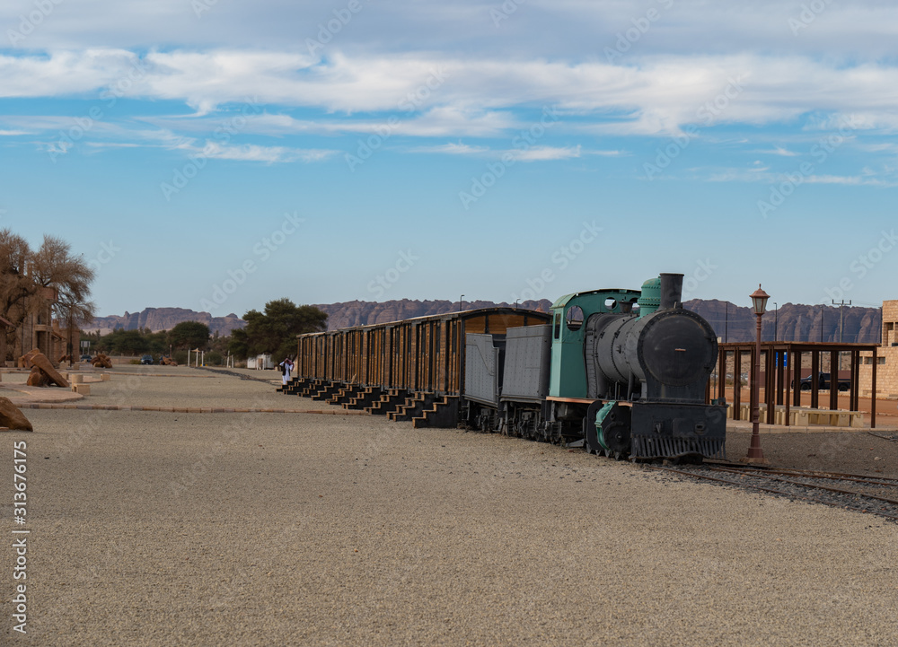 Train and carriages on the Hijaz Railway line at Mada'in Saleh (Hegra ...