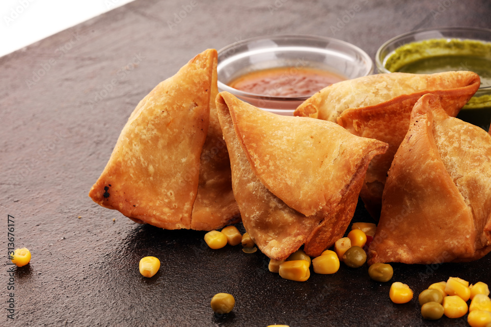 Vegetarian samsa or samosas.Indian special traditional street food ...