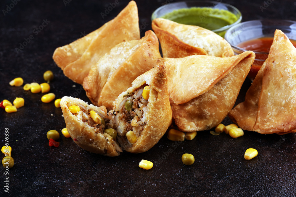 Vegetarian samsa or samosas.Indian special traditional street food ...