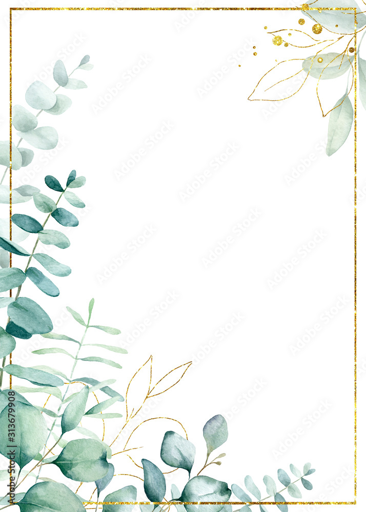 Watercolor hand painted floral frame with eucalyptus leaves and ...
