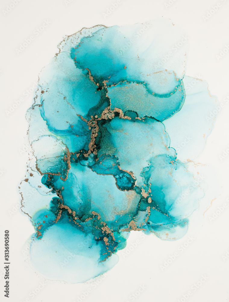 Beautiful ethereal teal ink painting with gold accents isolated on ...