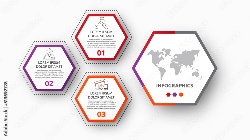 Vector infographic with main hexagon and 3 small hexagons. Used for ...
