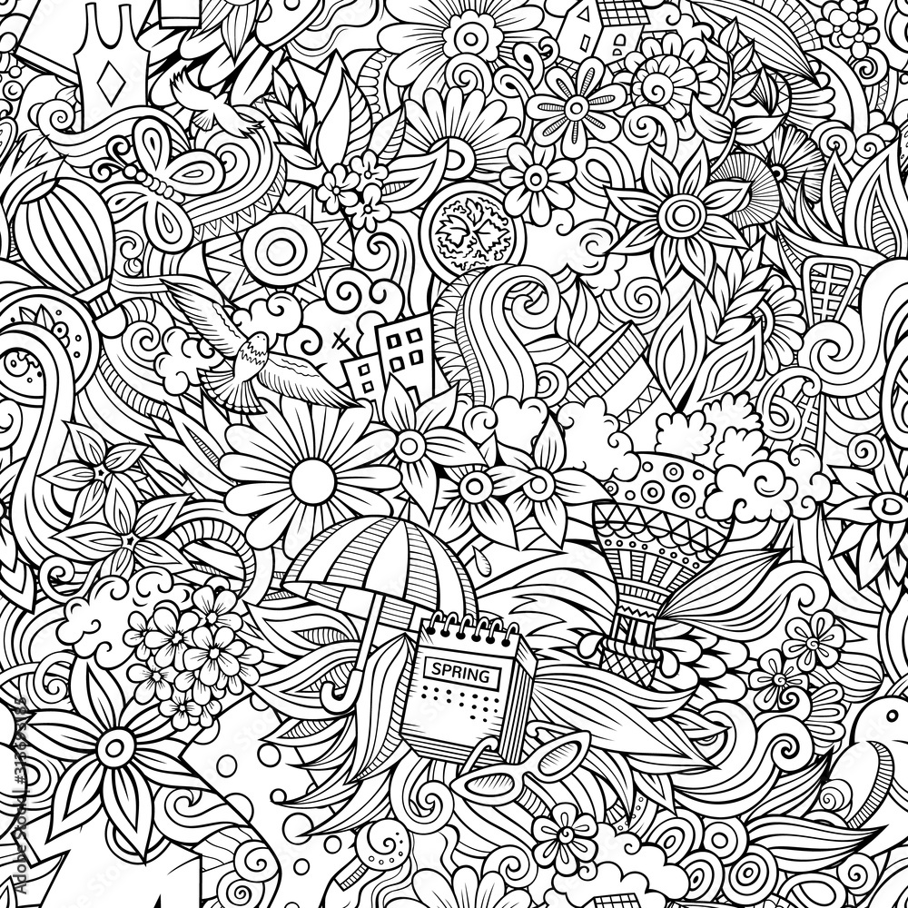 Cartoon cute doodles hand drawn Spring seamless pattern. Stock Vector ... Cartoon cute doodles hand drawn Spring seamless pattern. Stock Vector ...
