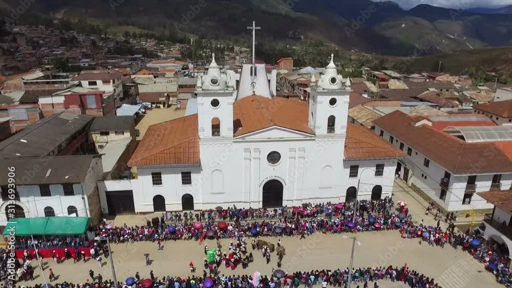 Cachapoyas city in Peru aerial drone roof top view. Chachapoyas is a ...
