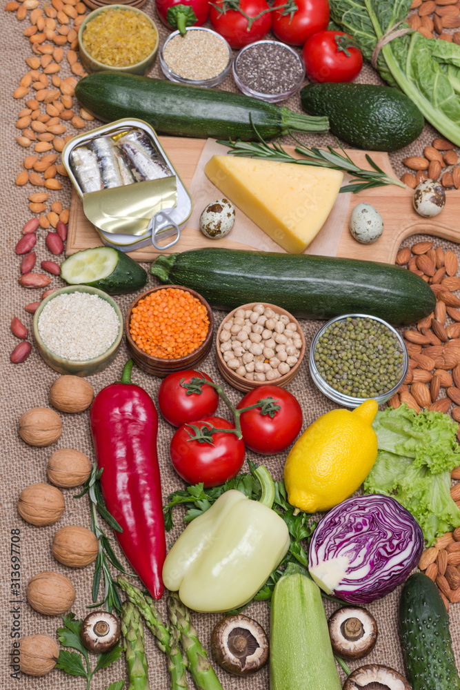 Healthy lifestyle concept. Set of healthy food: cheese sardines, leavy ...