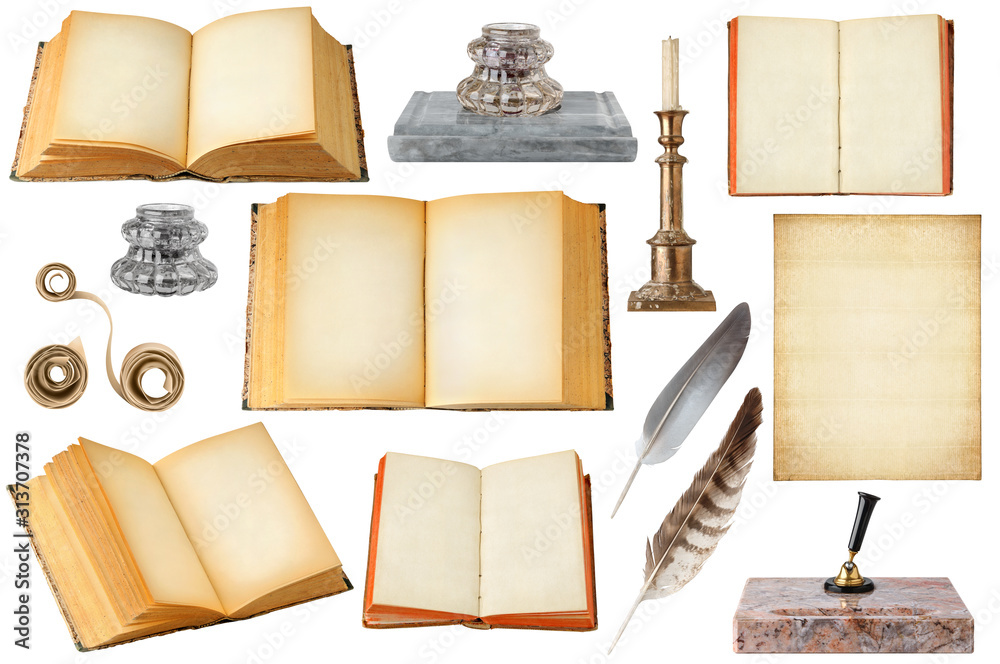 Isolated Vintage Writing Objects Collection Of Open Old Books With