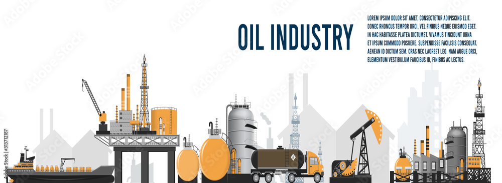 Gas oil industry platform Banner with Outbuildings, Oil storage tank ...