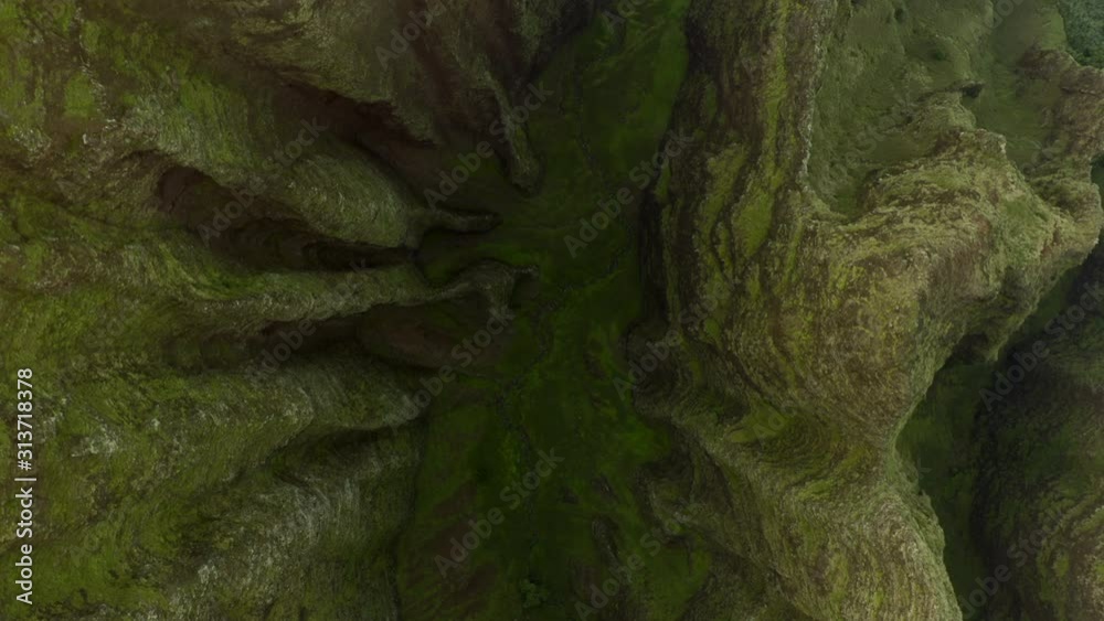 Fantastic top down aerial view over mountain ravine of Hawaiian ...