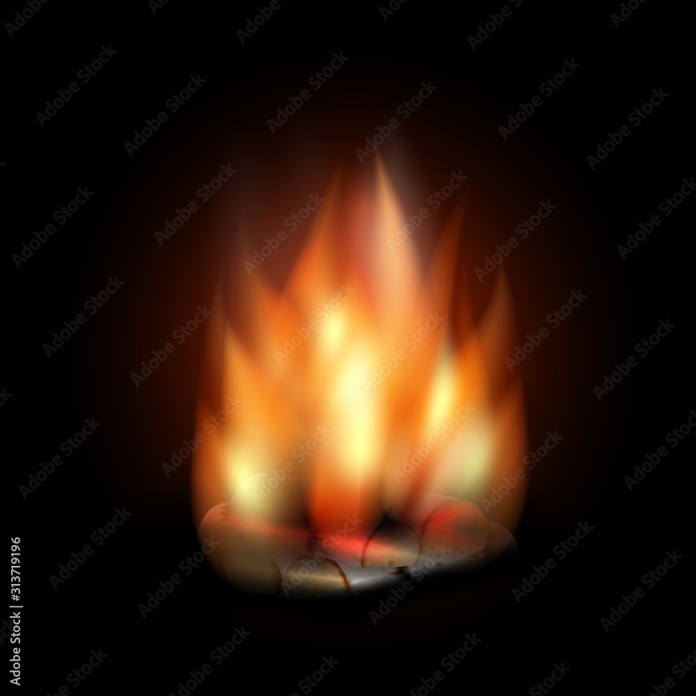 Realistic flame fire isolated on black background. Firewood, for ...