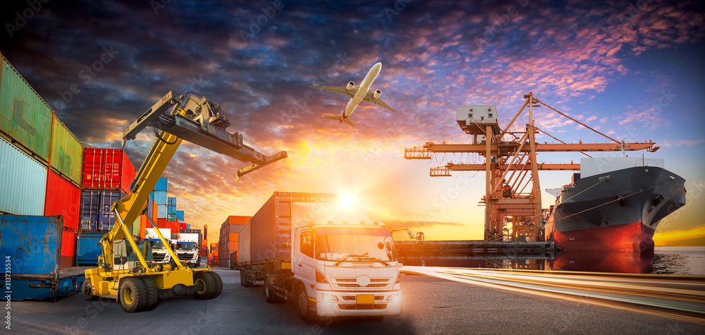 Container truck in ship port for business Logistics and transportation ...