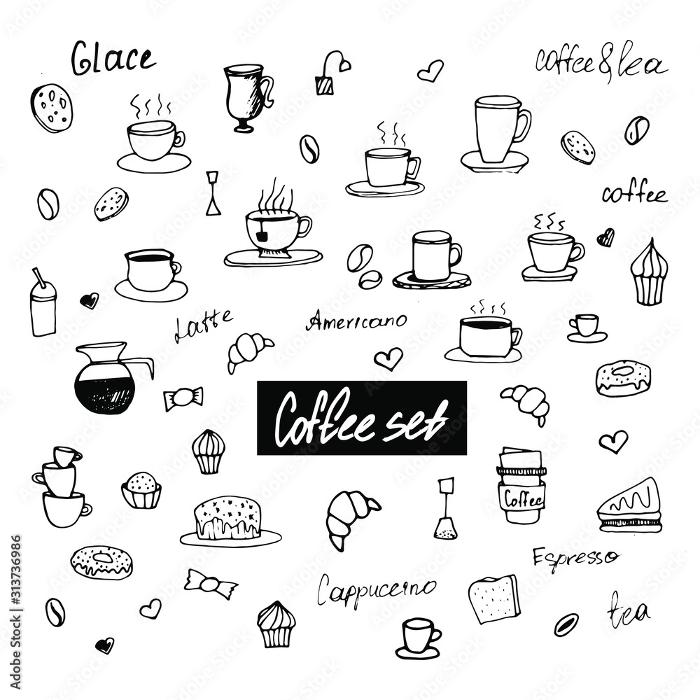 Cute doodle coffee shop icons. Coffee and tea drawings for cafe menu ...