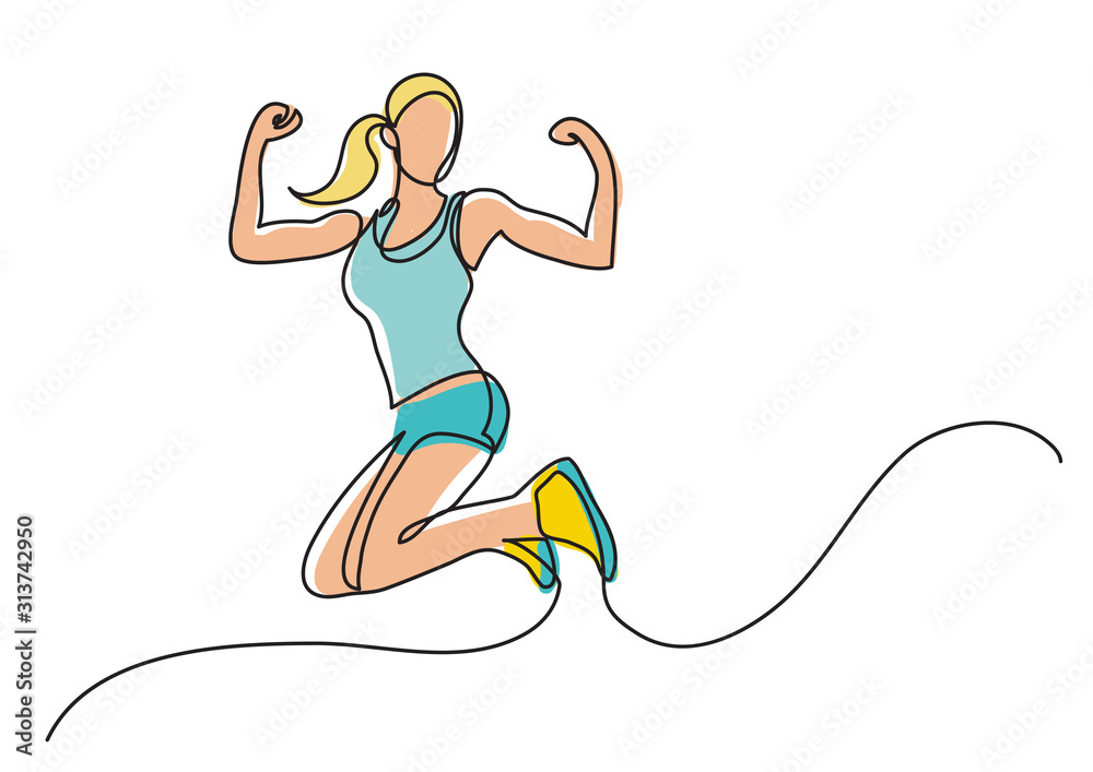 continuous line drawing of happy jumping woman athlete Stock Vector ...