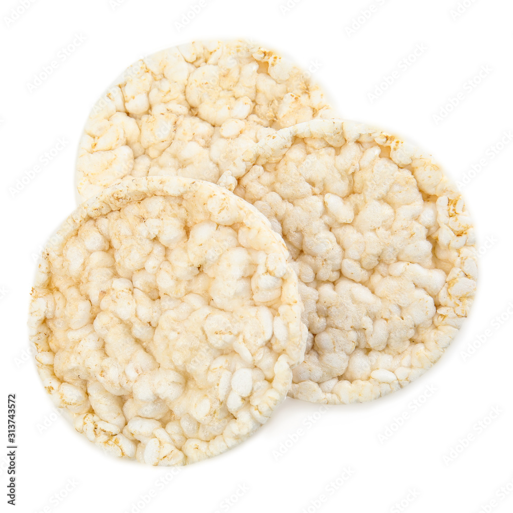 Puffed rice cakes isolated on white, top view. Healthy snack Stock ...