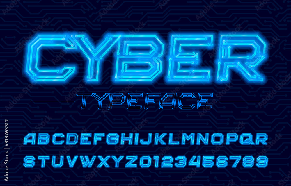 Cyber alphabet font. Neon electronic letters and numbers. Stock vector ...