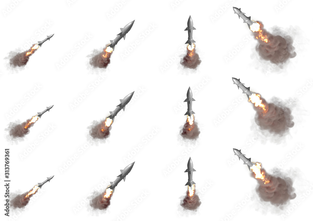 ballistic missiles flying in the air isolated on white background ...