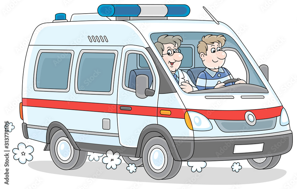 Ambulance car with a doctor and a driver hurrying to rescue, vector ...