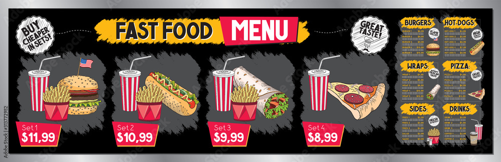 Fast food restaurant menu template - price list/ banner (sets, burgers ...