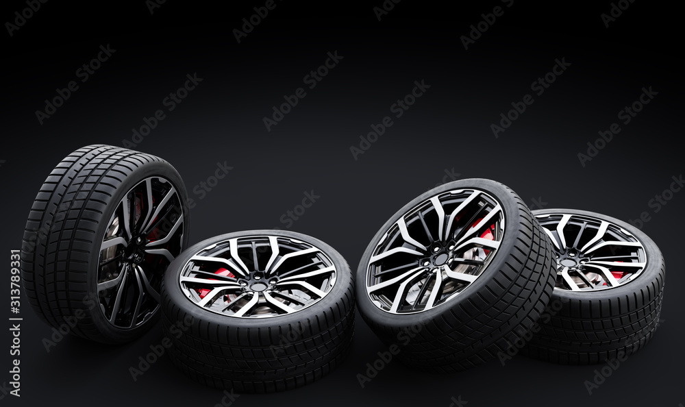 Set of wheels with modern alu rims on black background Stock ...