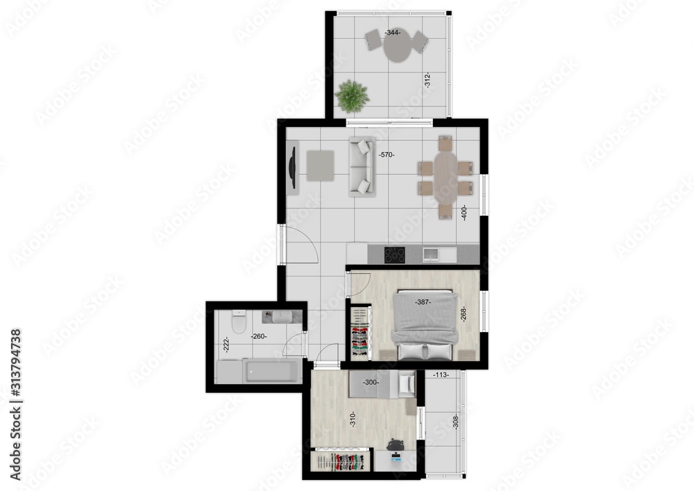 Floor plan 3d with the furniture. Modern plan of the house. Floorplanner. Stock Illustration ...