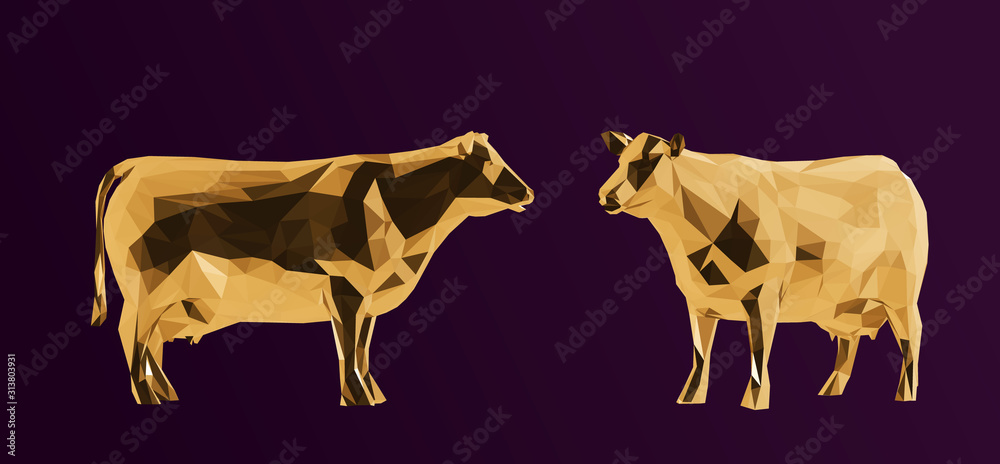 Gold Cow. Shiny Metallic Set of Golden Cows on Purple Background. Low ...