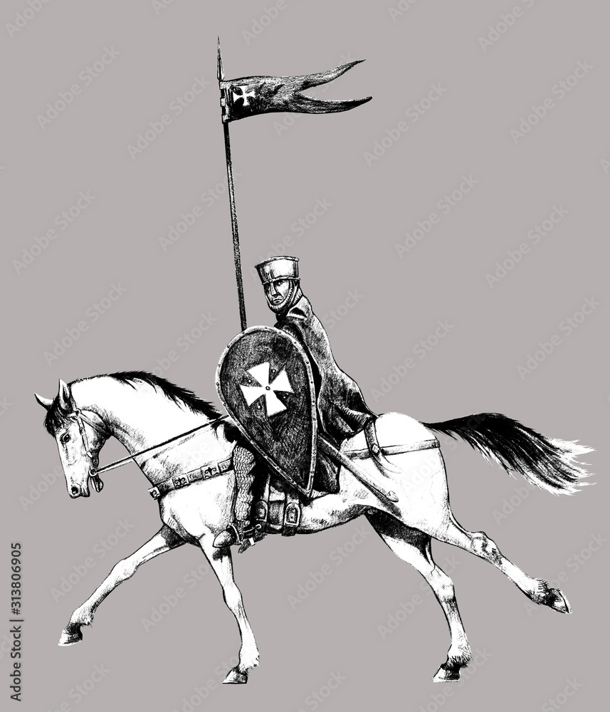 Medieval mounted knight illustration. Knight Hospitaller on horseback ...