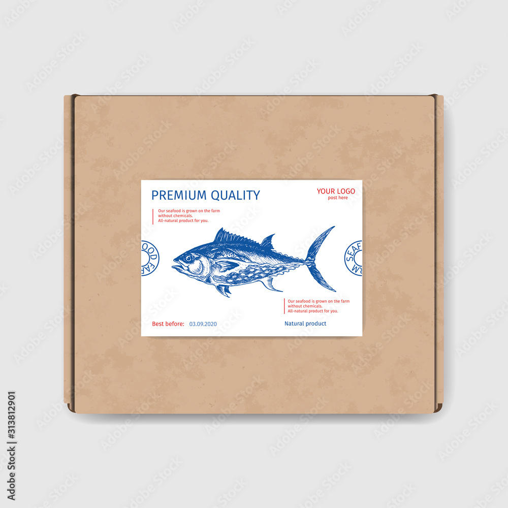 Packaging for seafood. Label for boxing natural products. Tuna. Stock ...