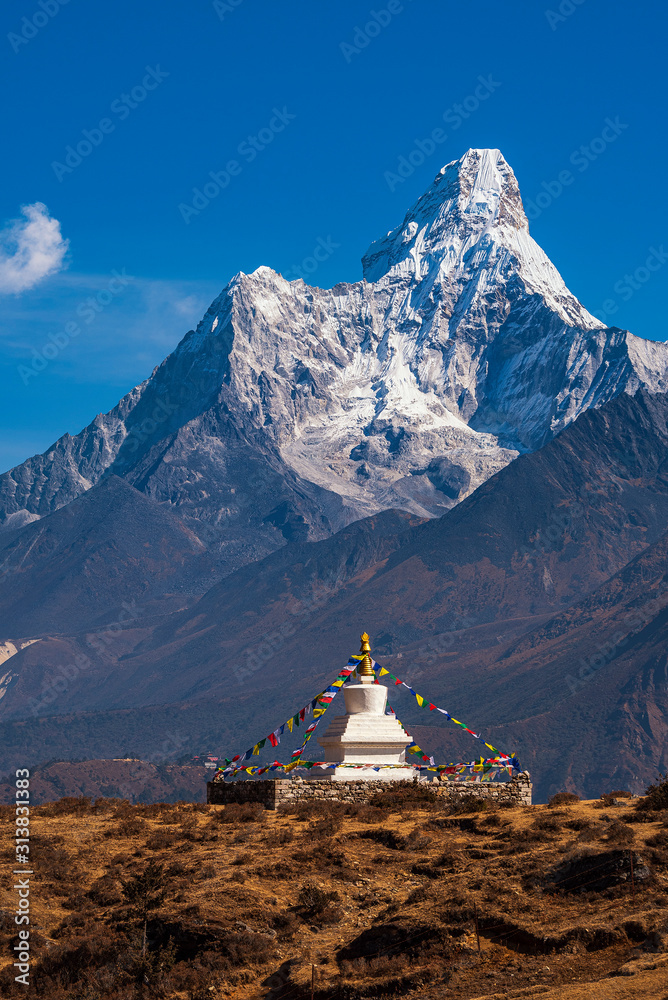 Buddhist stupa on the background of the Himalayan mountains. Nepal ...
