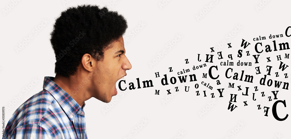 Furious Afro Guy Shouting Calm Down Inscription Over White Background ...
