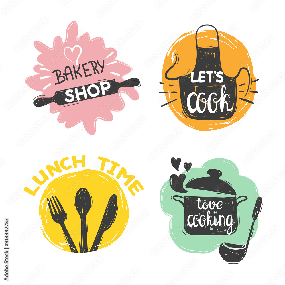Doodle cooking food logo set. Hand drawn vector kitchen badges, labels ...