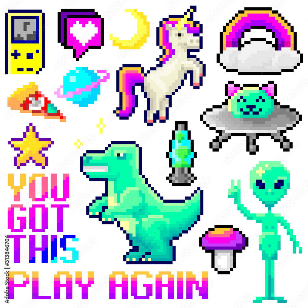 Set of minimalistic pixel art vector objects isolated. game 8 bit style minimalistic pixel ...