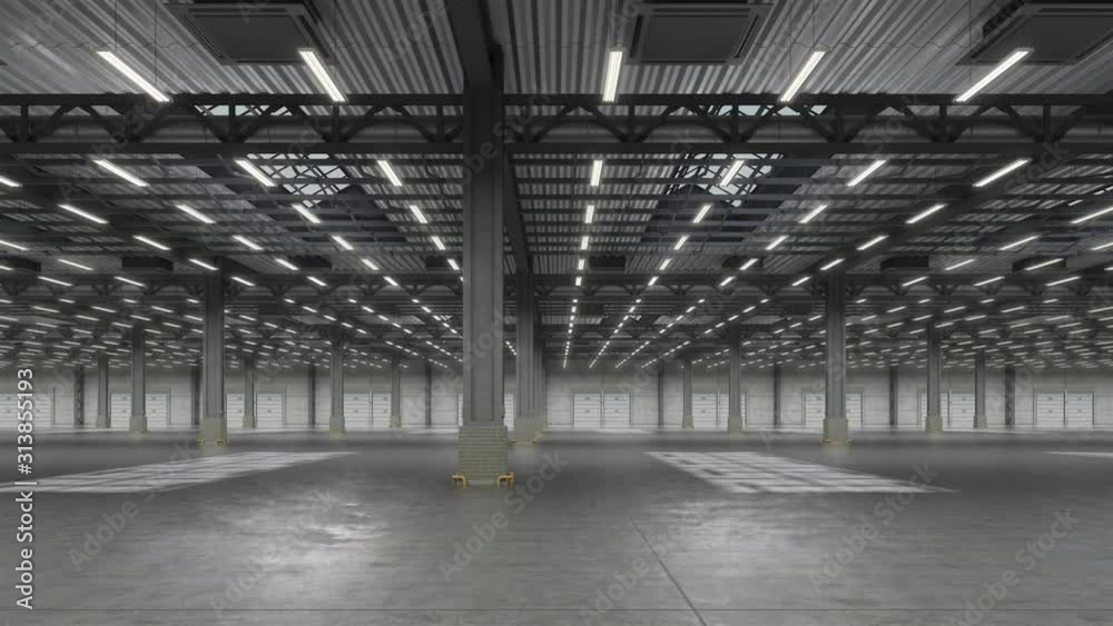 Horizontal camera move in empty warehouse hall. Empty industrial ...