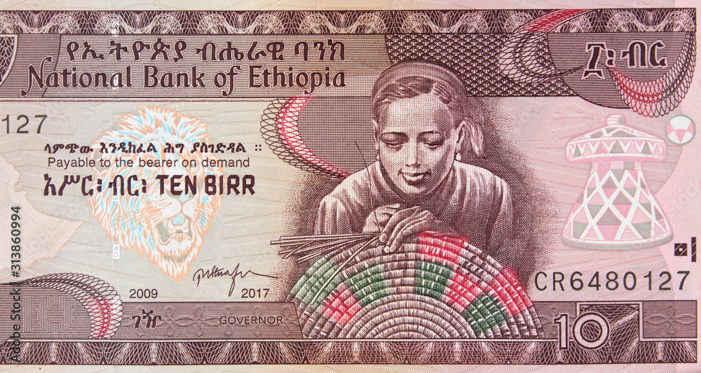 Ethiopian 10 birr banknote close up. Birr is the currency of Ethiopia ...