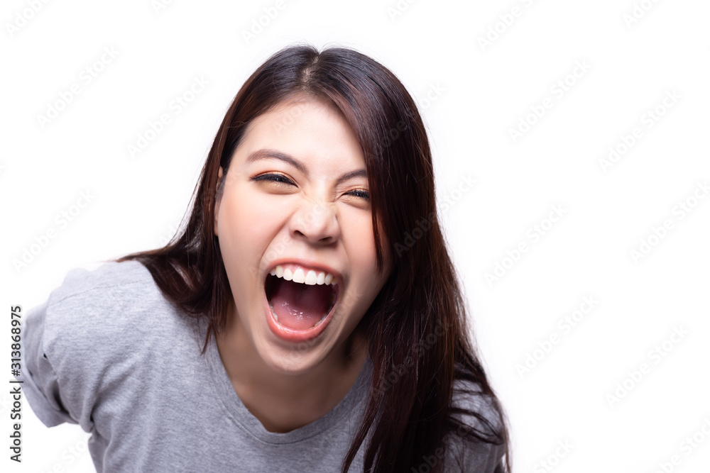 Laughing asian woman. Beautiful young asian girl laugh someone with ...