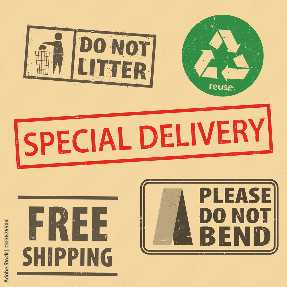 Set of fragile sticker special delivery and case icon packaging symbols sign, do not bend rubber ...
